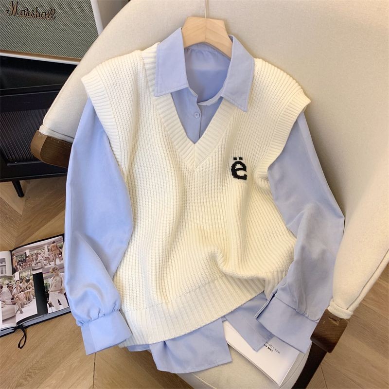 Korean Vest Women's College Style V-neck Knitted Vest Set | Shopee Malaysia