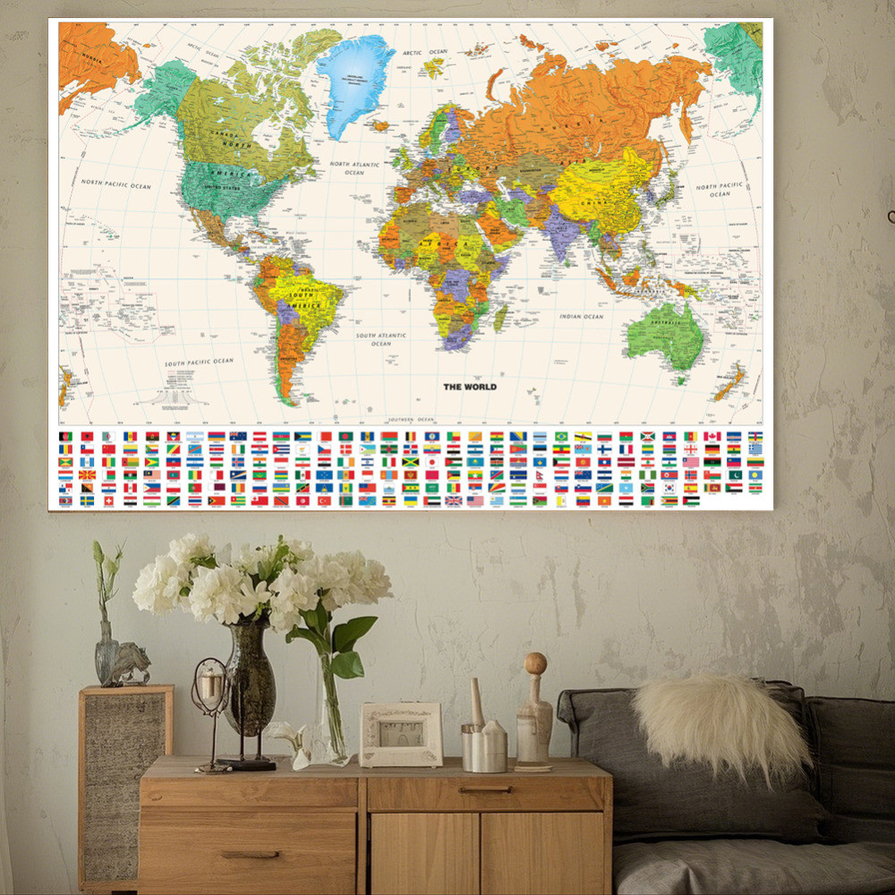 World Map-Countries with Cities,Unframed World Map,Wall Decor for ...