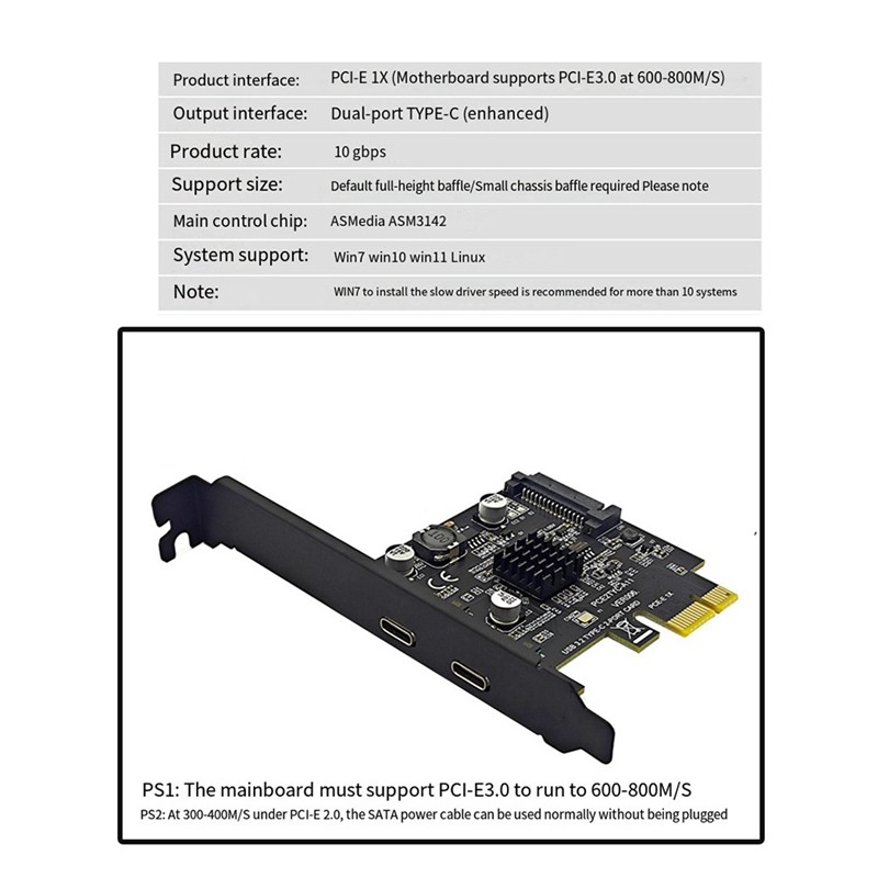 New 2Port TYPE-C PCIE Card PCI Express 3.0 X1 to Dual USB-C Expansion ...