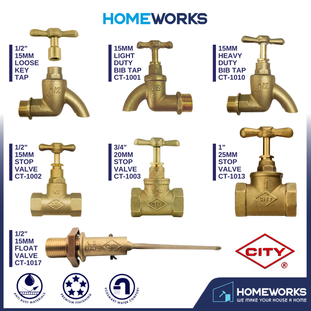 CITY BRASS COPPER 1/2" 3/4" 1" STOP COCK, 1/2" LOOSE KEY TAP, H/D & L/D DUTY BIB TAP, FLOAT ...