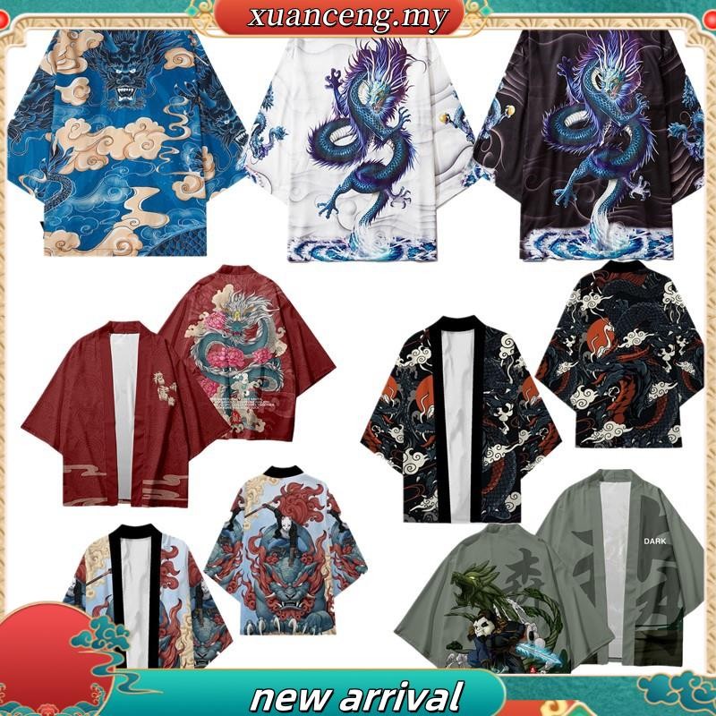 Traditional Samurai Kimono Men Japanese Anime Dragon Print Cosplay ...