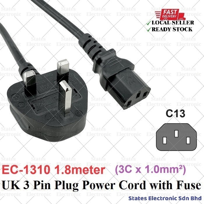 1.8 Meter UK 3 Pin Plug Power Cord (3C x 1.0mm²) with Fuse - EC-1310/1 ...