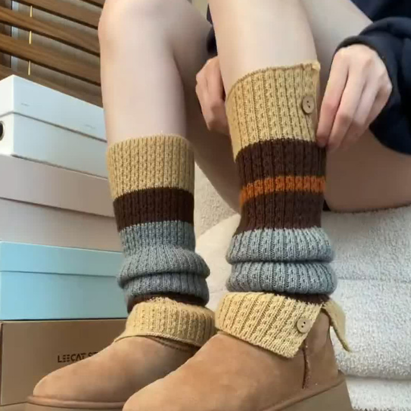 Japanese Kawaii Flare Feet Leg Warmers Women Striped Button Grunge ...