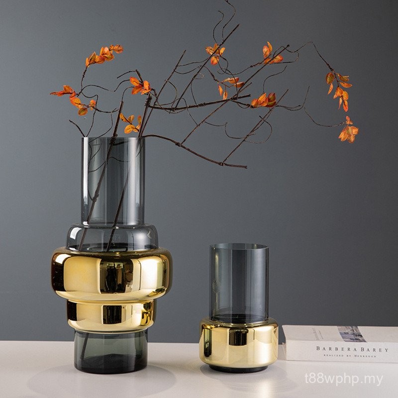 Vas lantai kaca minimalis kelabu berlapis emas mewah mewah yang disyorkan oleh pereka hiasan ...