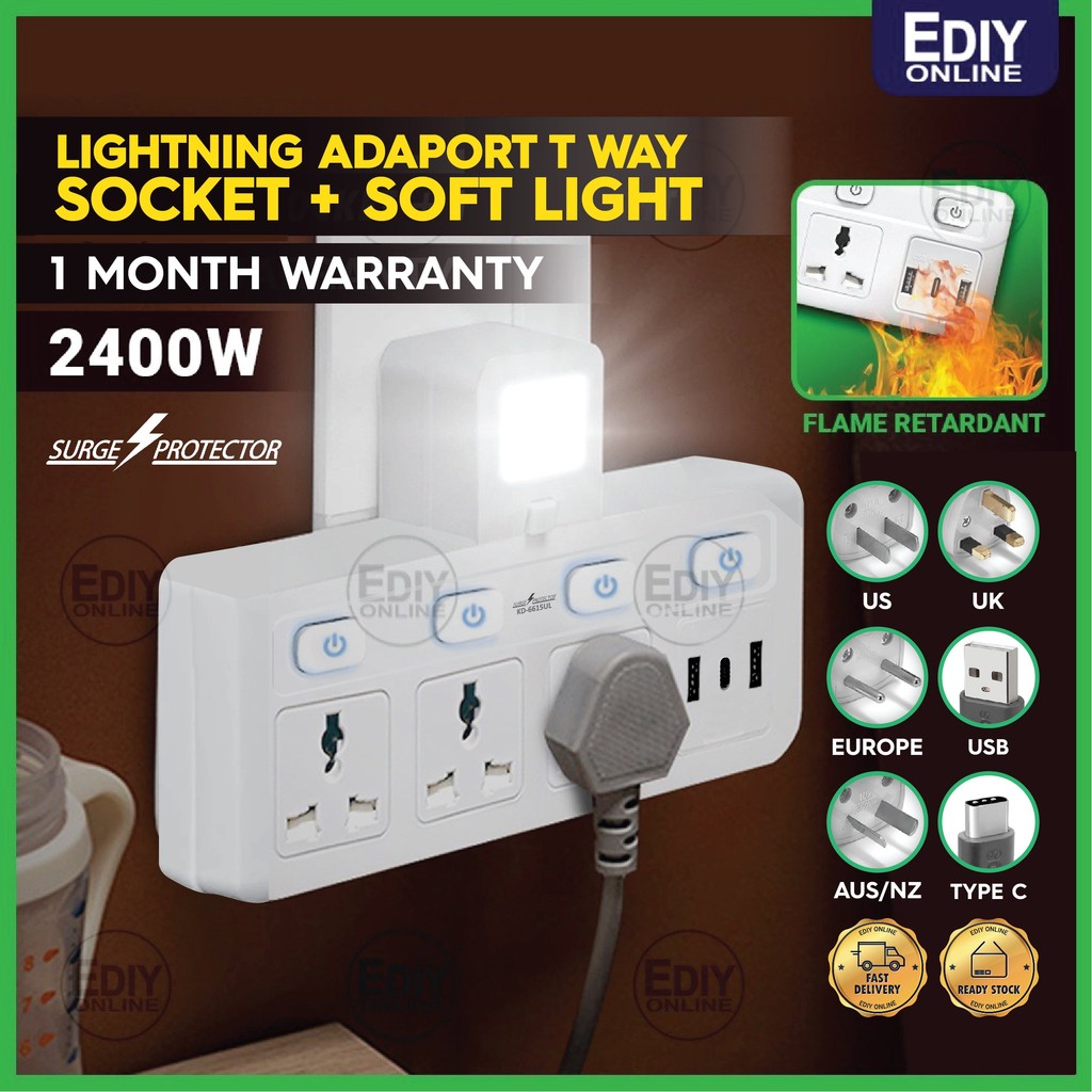 SURGE PROTECTOR 】 ADAPORT SOCKET OUTLET CONVERTER NIGHT LIGHT MULTI USB ...