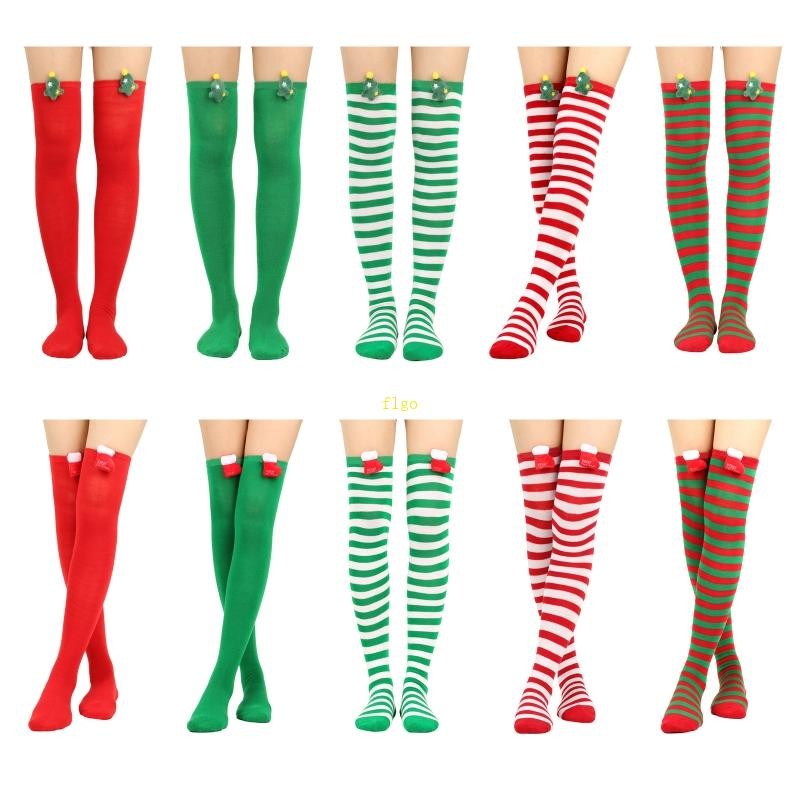 flgo Women Christmas Over Knee Socks 3D Plush Tree Boot Striped Thigh ...