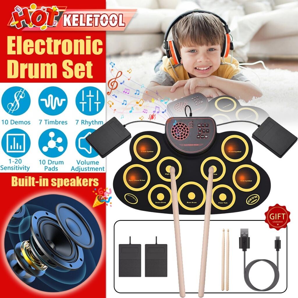Electronic Drum Set Foldable Digital Drum Roll-Up Pad Electric Portable ...