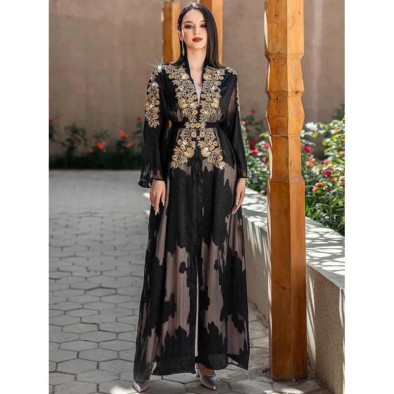 Fashion Lace Embroidered 2 Piece Set Robe Belt Abaya Dubai Kaftan Women ...