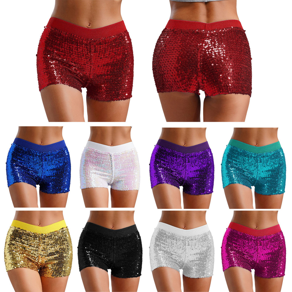 Loodgao Womens Shiny Sequin Booty Shorts Elastic Waistband Stretchy ...