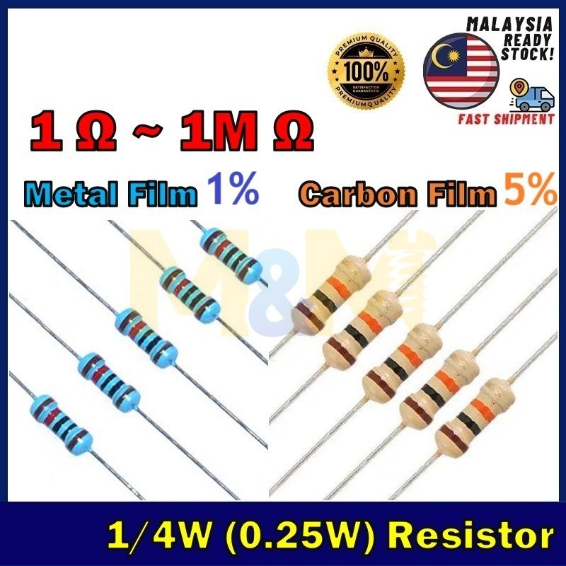 Resistor 1/4W (0.25W) Metal Film 1% / Carbon Film 5% [1 Ohm to 1m Ohm] Perintang 电阻 | Shopee ...