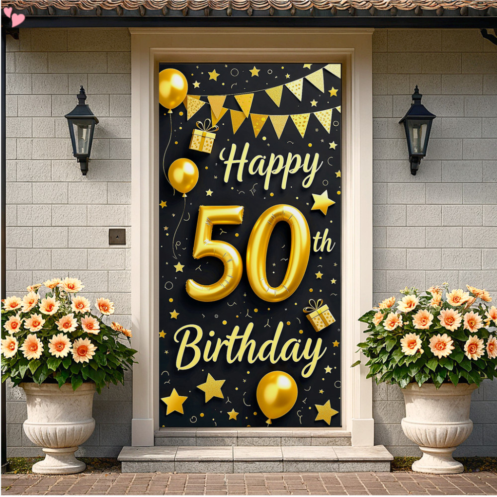Glamorous Gold Themed 50th Birthday Banner Backdrop with Balloon Star ...