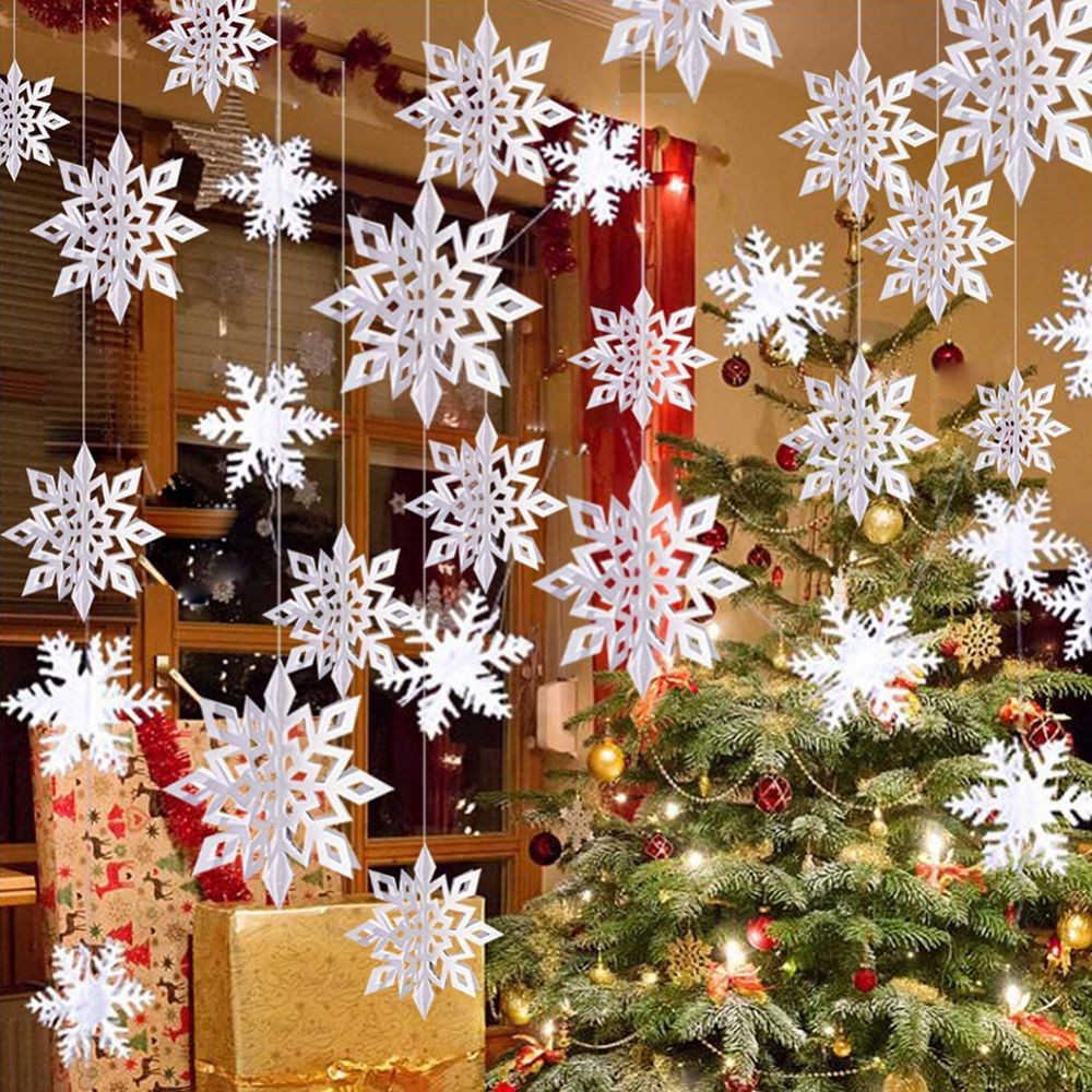 12 Christmas trees, large white snowflake garlands, sparkling hanging ...