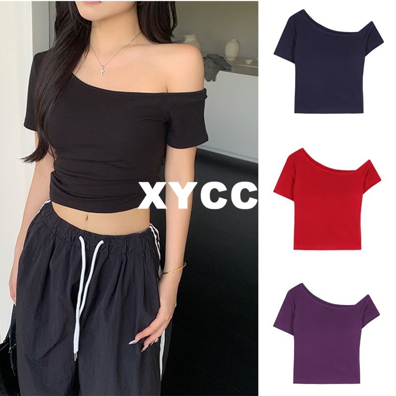 【X-style】Women's Fashion Solid Color Off-shoulder Design Short Sleeve ...