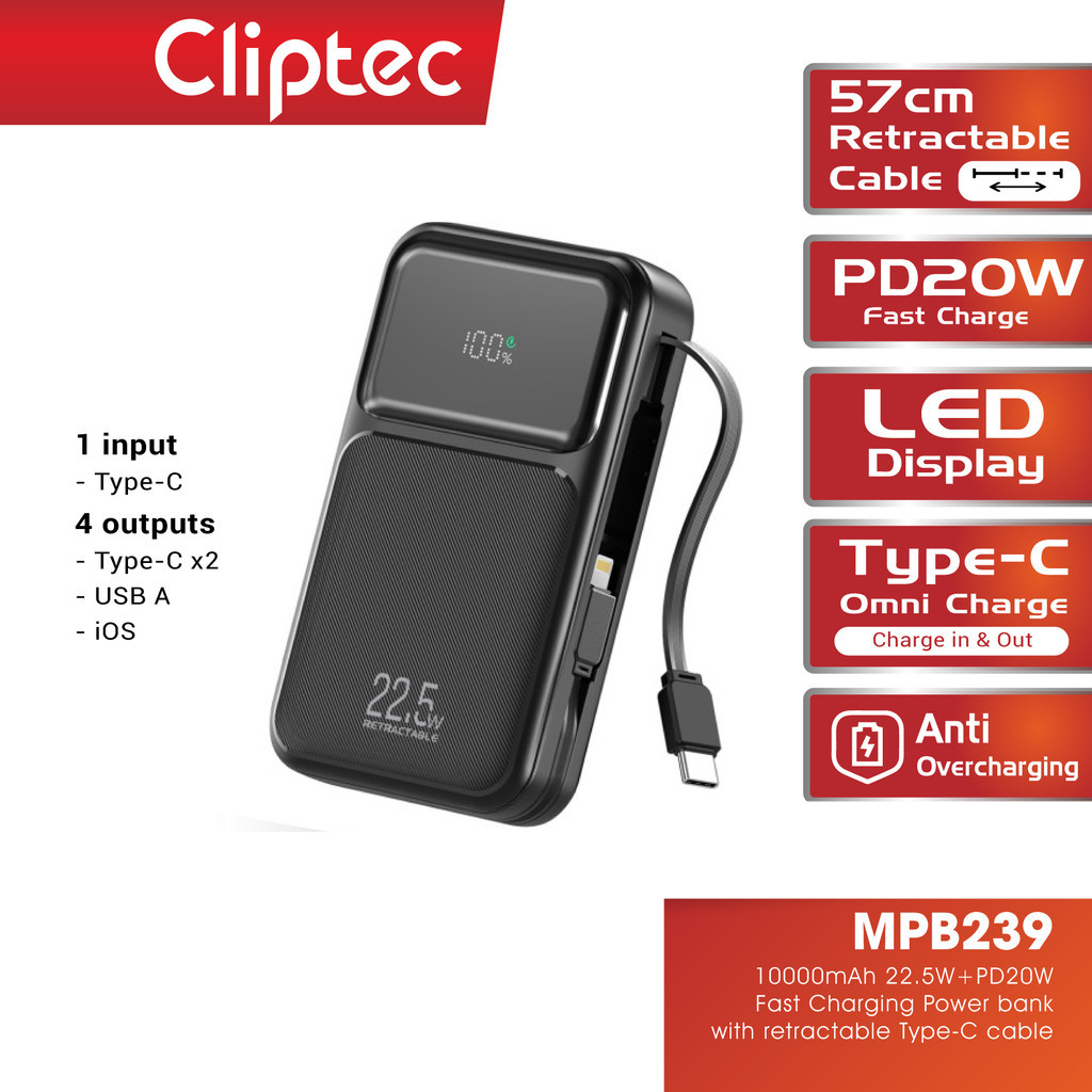 CLIPTEC MPB239 10000mAh 22.5W+PD20W Fast Charging Power bank with ...