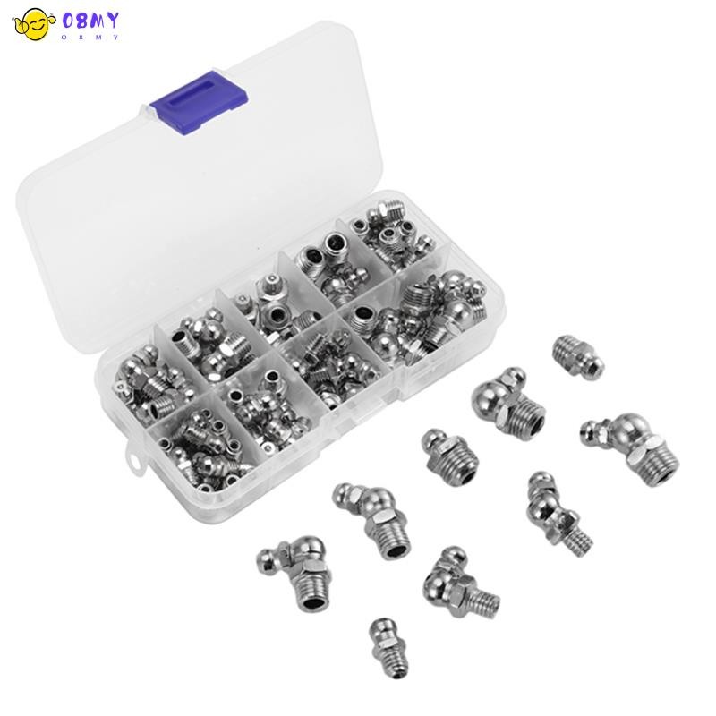 60 PCS Metric Grease Fittings Kit Silver M6 M8 M10 45 90 Degree ...