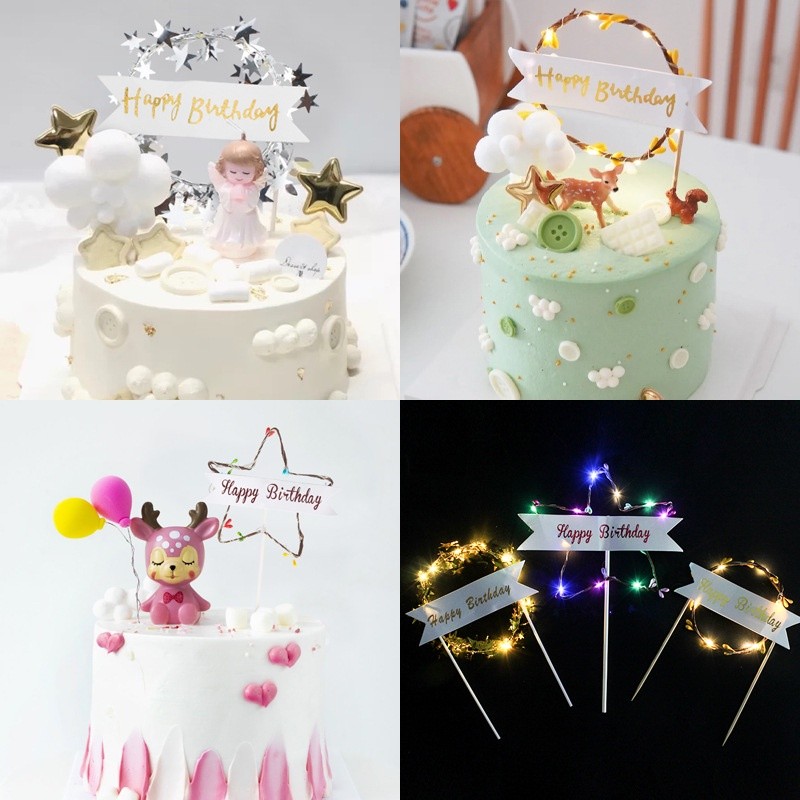 Birthday Cake Insert Card Decoration Props LED Light Rattan Garland ...