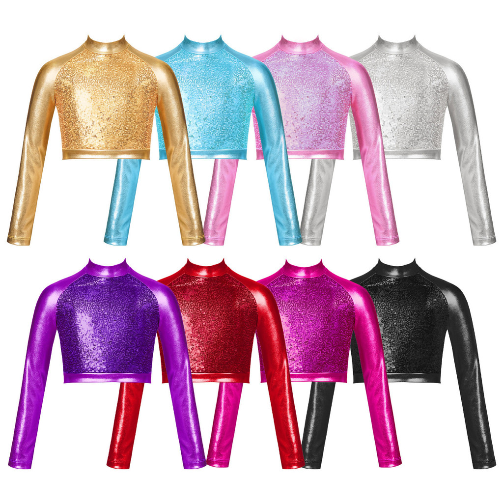 YUUMIN Kids Girls Shiny Metallic Dance Top Mock Neck Long Sleeve Front ...