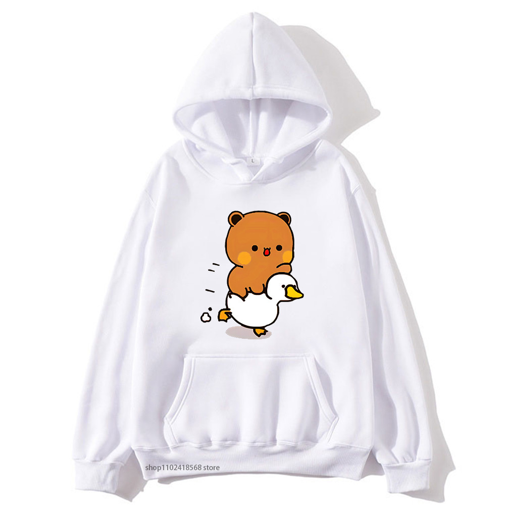 Cute Bubu And Duud Is Riding A White Duck Hoodie Panda And Brownie Bear ...