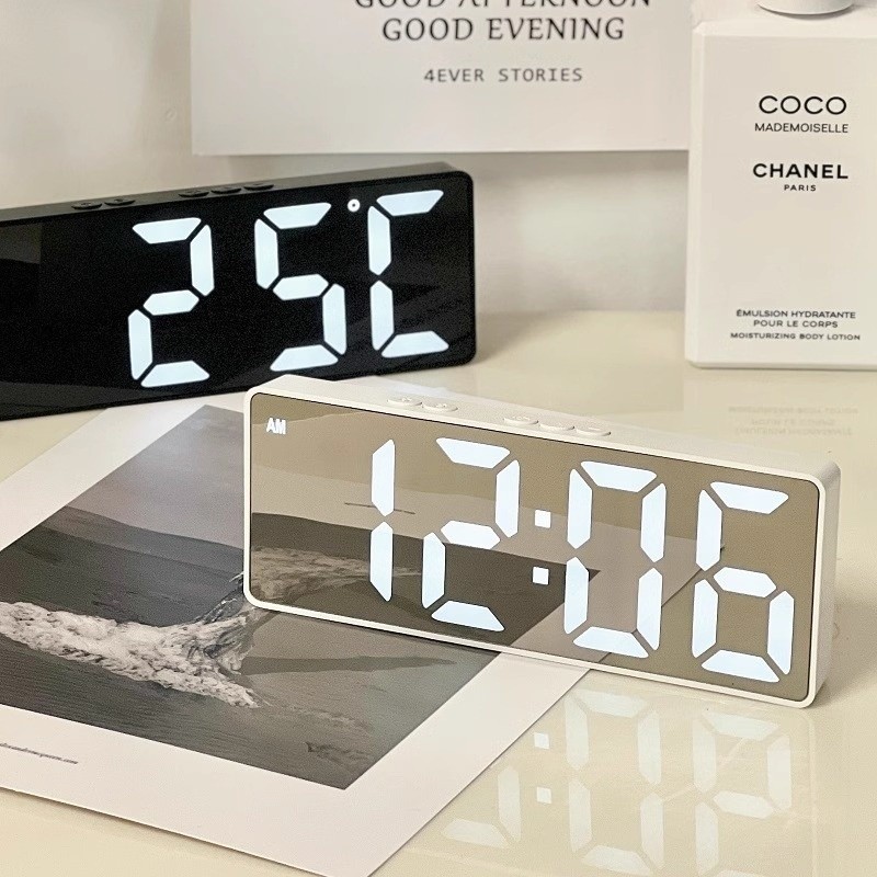 simple black and white mirror LED digital clock sound control alarm ...