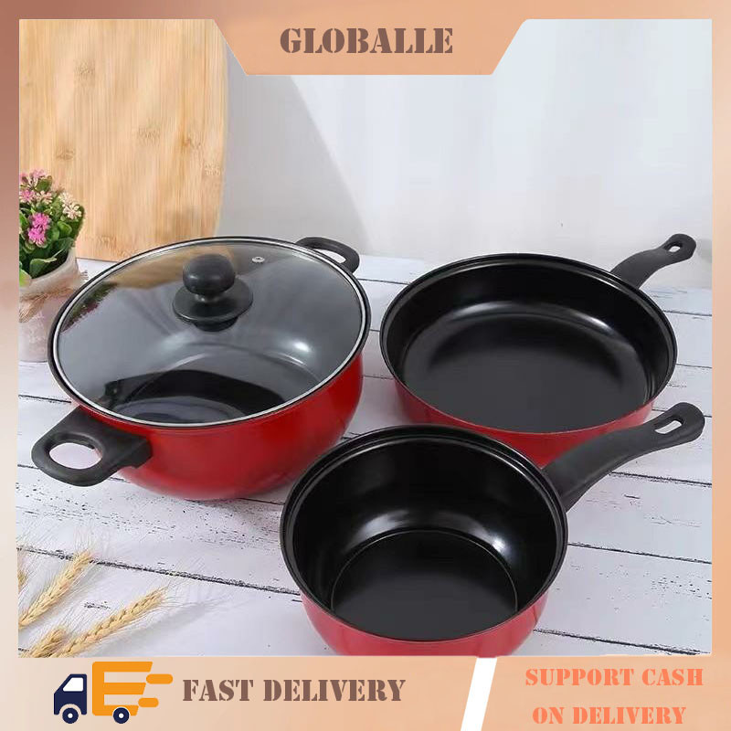 3Pc carbon steel non-stick cookware set, pot, bowl, ladles, dishwasher ...