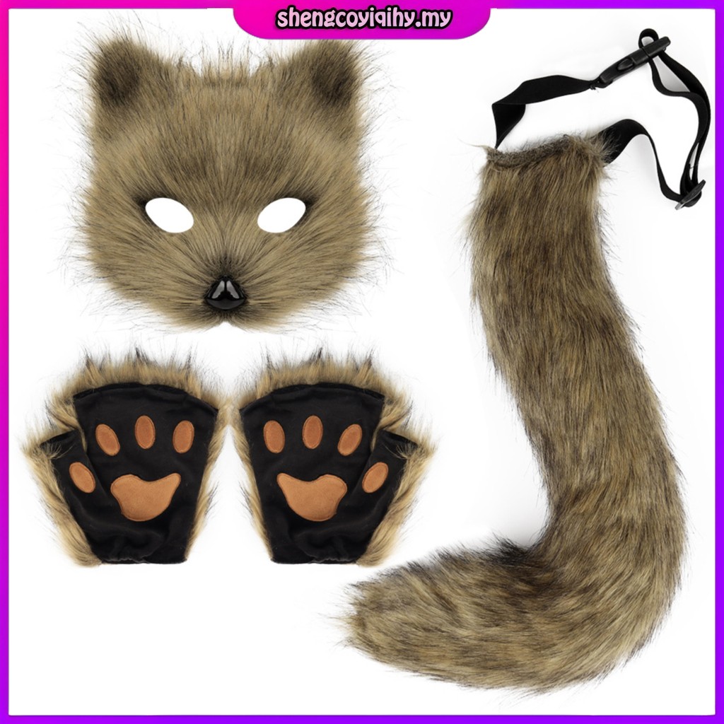 Faux Fur Fox Mask Furry Half Face Animal Cat Mask Halloween Cosplay ...
