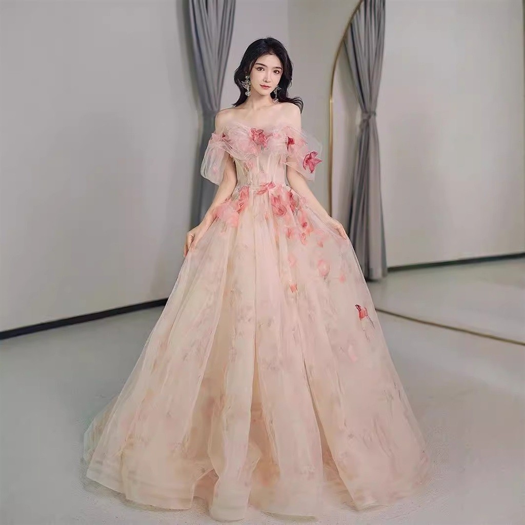 Flower Bride Wedding Toast Dress Fairy Off-shoulder Fluffy Princess ...