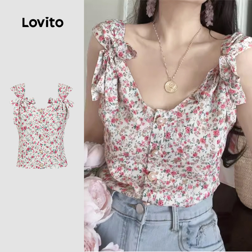 Lovito Boho Tank Top Ditsy Floral Pearls Lace Up Bow Tank Top for Women ...
