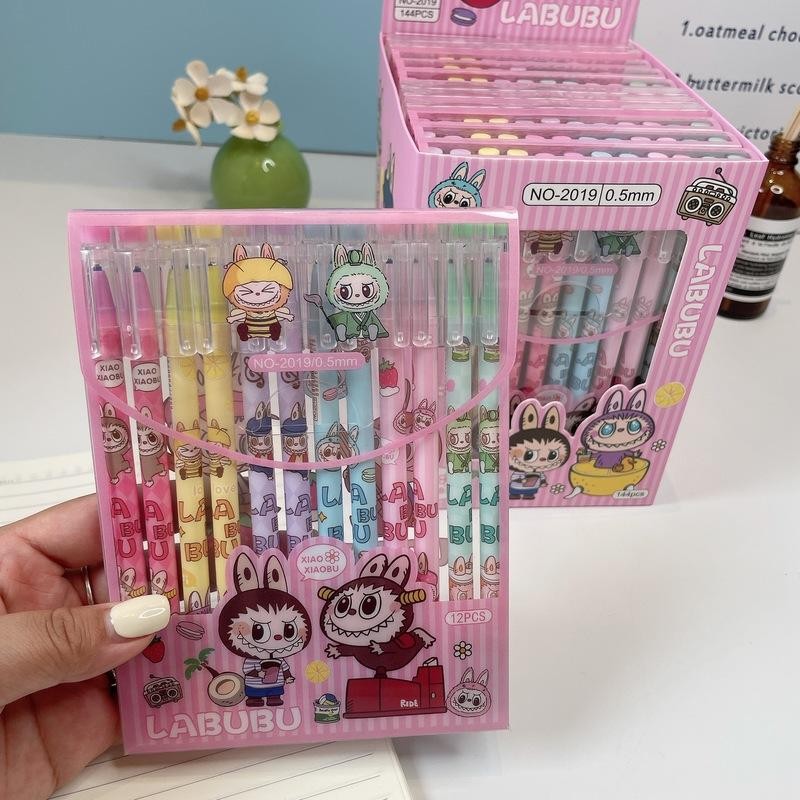 12pcs/box Labubu Gel Pen No Anxiety Series Kawaii 0.5mm Blue Erasable ...