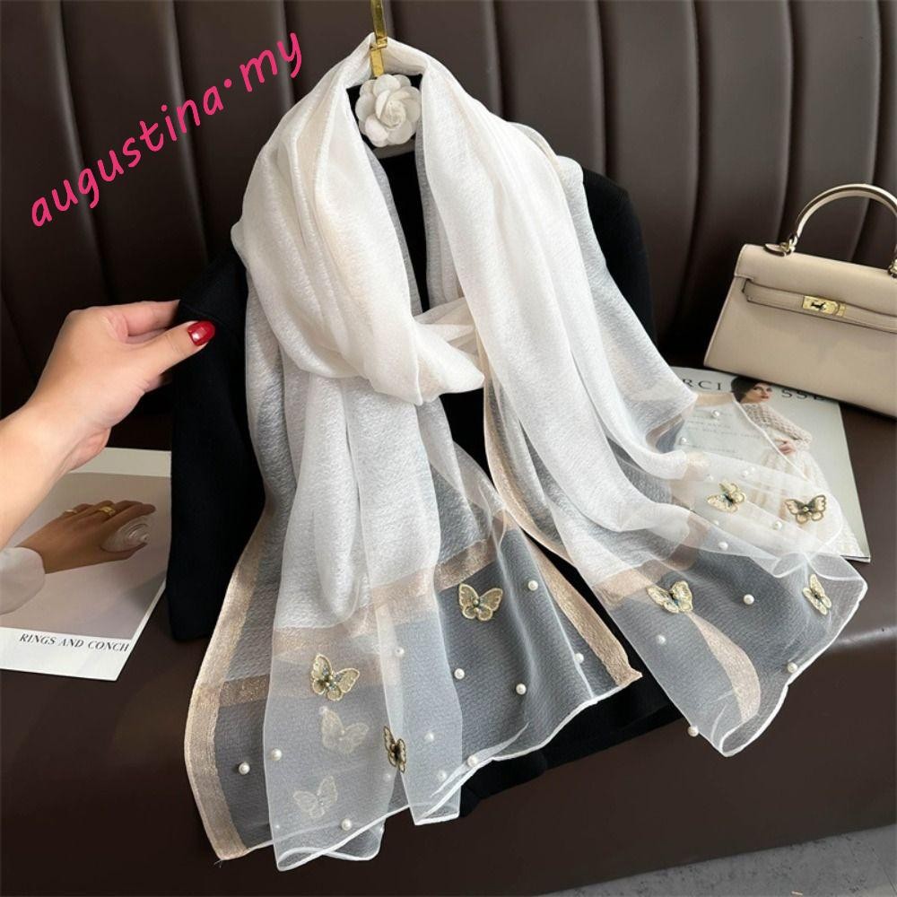 AUGUSTINA Butterfly Embroidery Scarf, Pearl Thin Silk Scarf, Elegant ...
