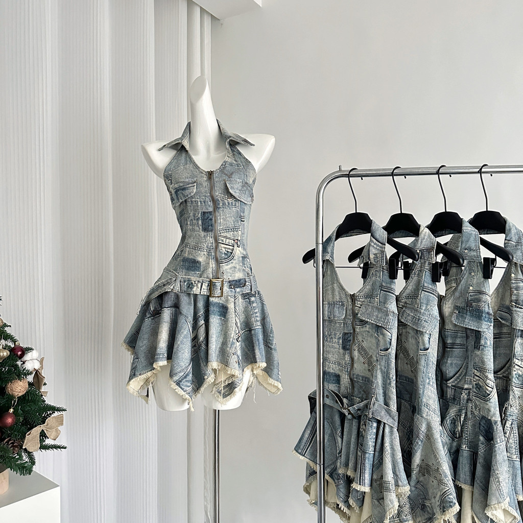 Funnj Fangji California Denim Punk Narrow-Waist Halter Denim Dress ...