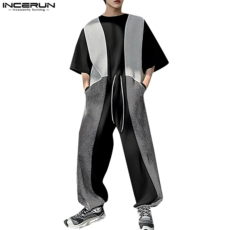INCERUN Men Korean Casual Patchwork Short Sleeve Long Jumpsuits Presale ...