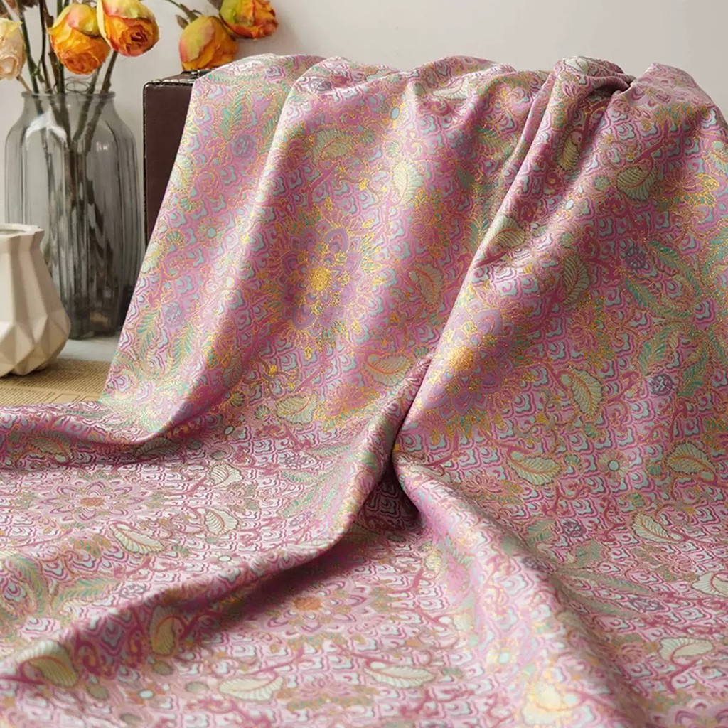[1 Meter]Pink gold flower yarn-dyed jacquard fabric Floral Texture Kain ...