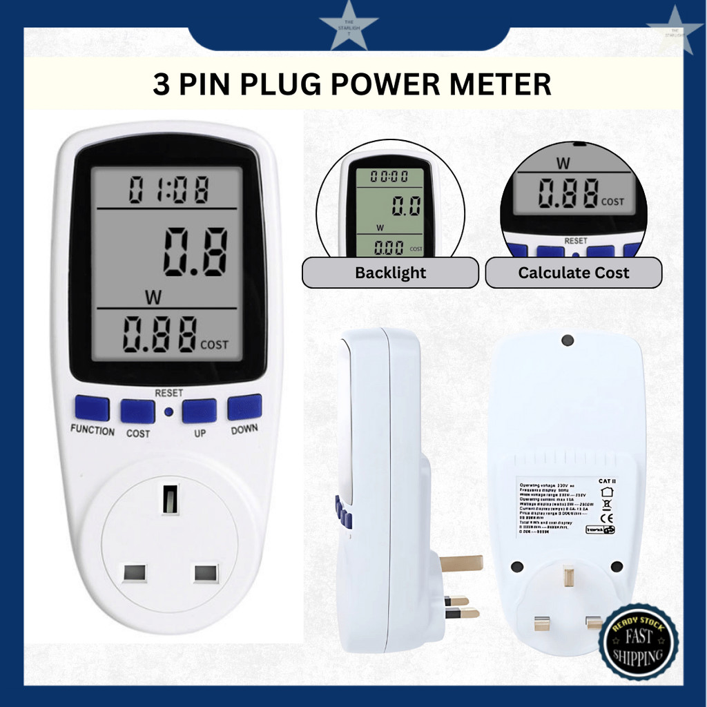 3 Pin Plug Power Consumption Monitor Cost Timer Checker Backlight ...