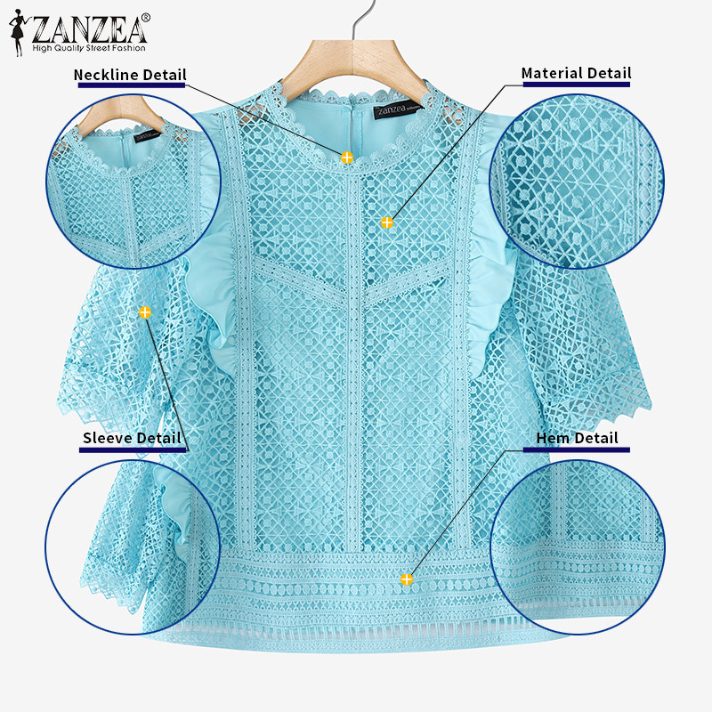 Zanzea Women's Korean Style Lace See-Through Blouse with Ruffled Front ...