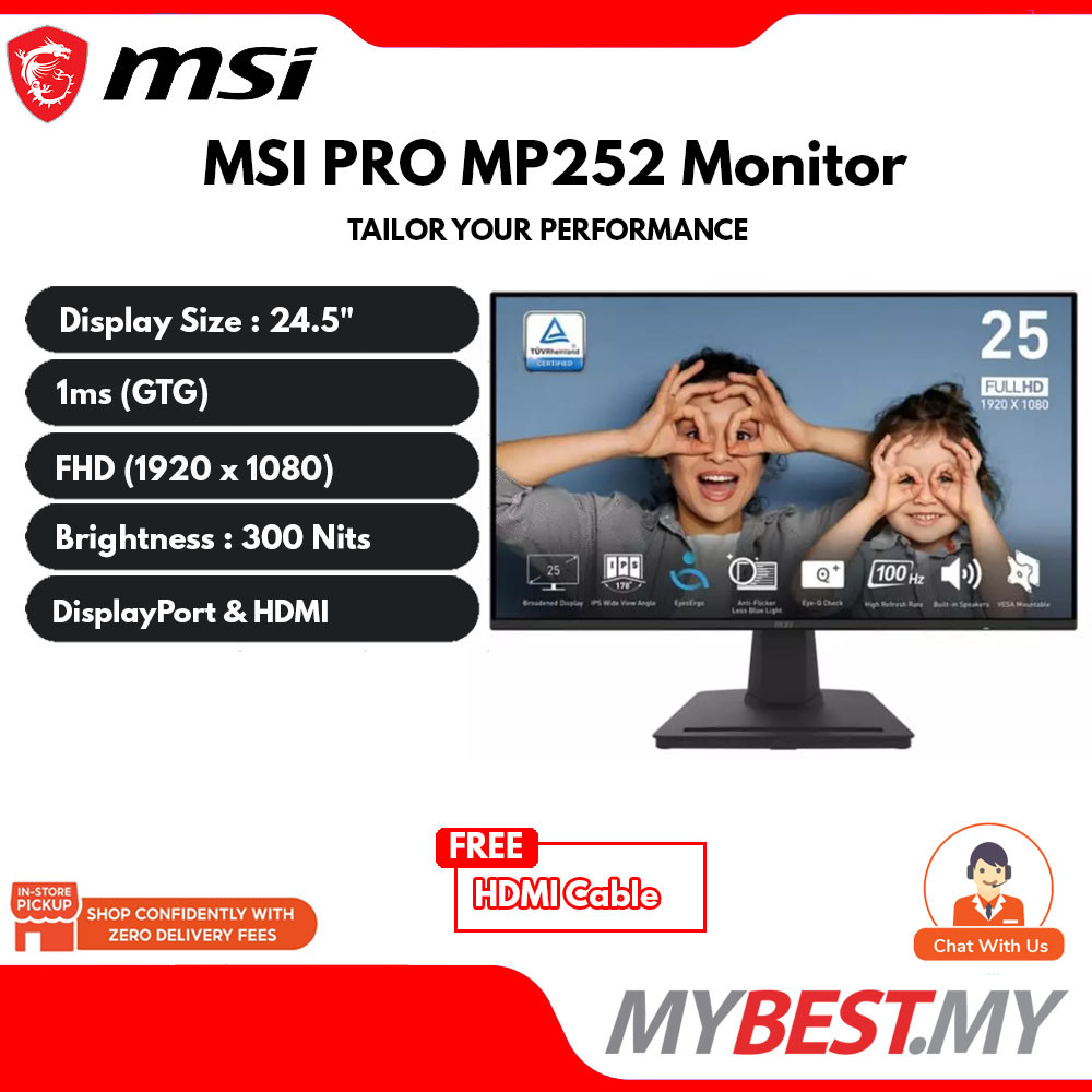 MSI PRO MP252 | 1920 X 1080 ( FHD ) | 100HZ REFRESH RATE | 1MS ( MPRT ...