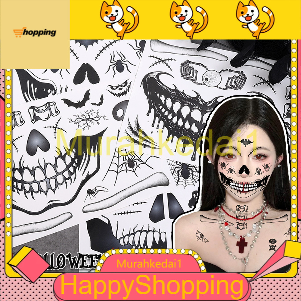 MK1 Halloween Horror Skeleton Face Temporary Tattoo Stickers Realistic ...
