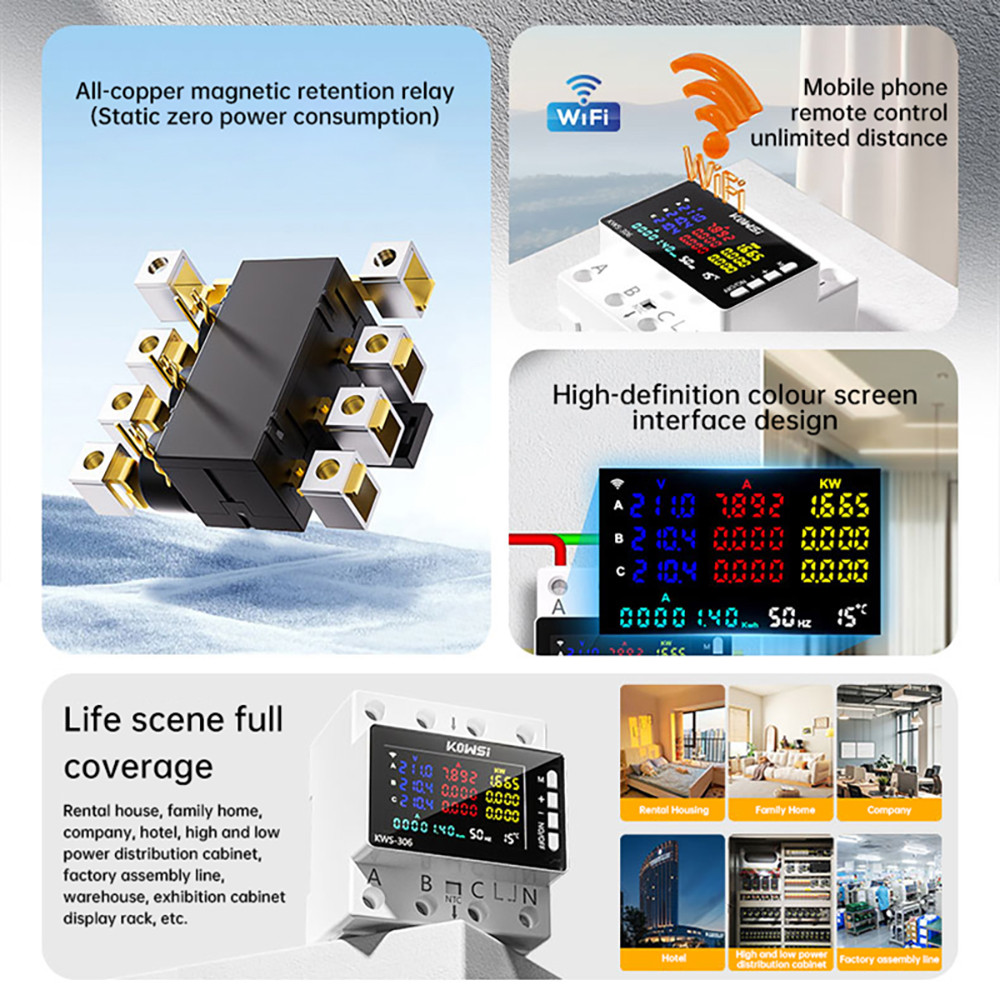 Pcbfun KWS-306 Tuya WIFI smart voltage current and power meter HD color screen three-phase four ...