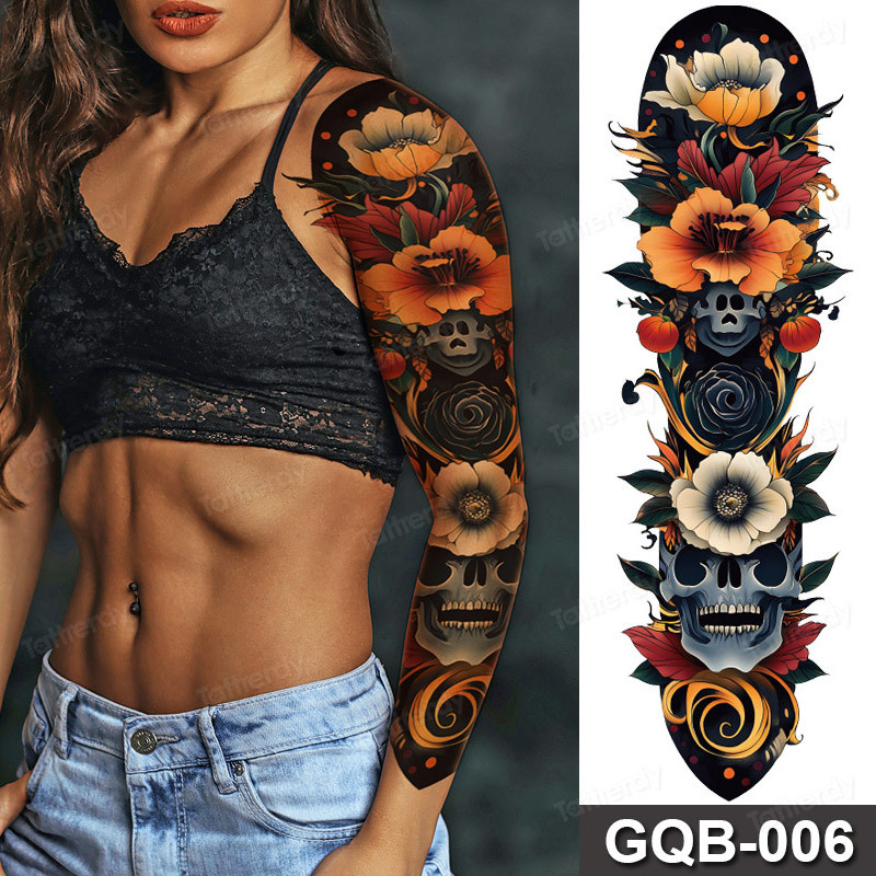 Full Arm Sleeve Temporary Tattoo For Women Adult Waterproof Tattoo Sticker Flower Skull Rose ...
