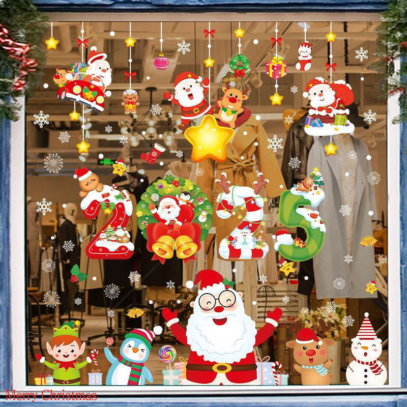 Cartoon Cute Santa Claus Window Stickers 2025 Christmas Shop Window ...