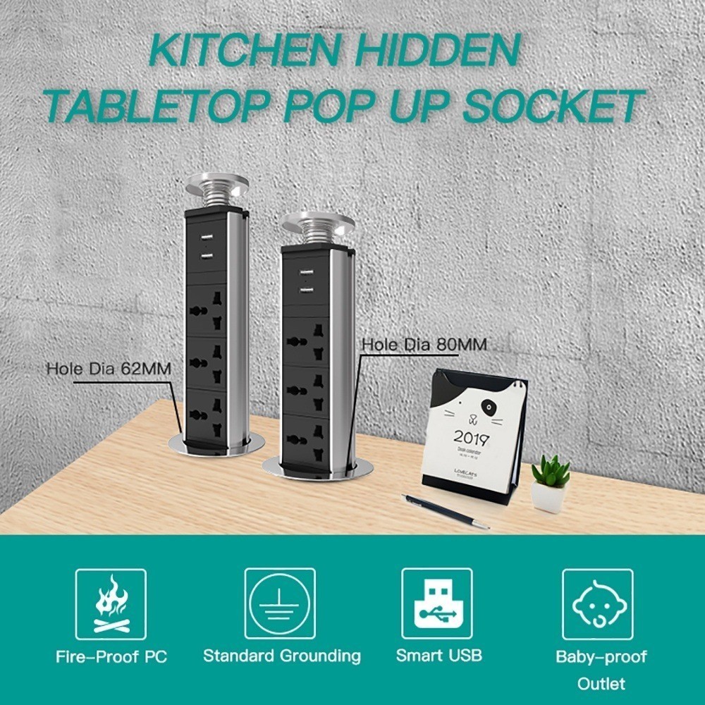 Hidden Tabletop Pop Up Sockets 3 Way Electrical Plug Universal Power ...