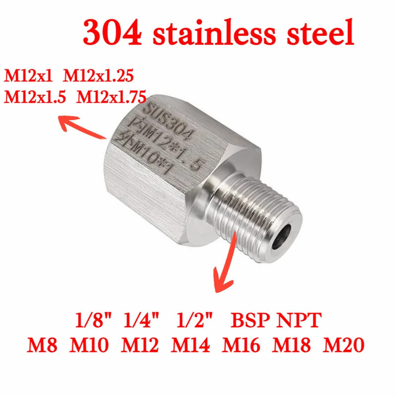 M12 Female to M10, 1/8", 1/4", 3/8" BSP/NPT Male Hex Reducer Bushing 304 Stainless Steel High ...