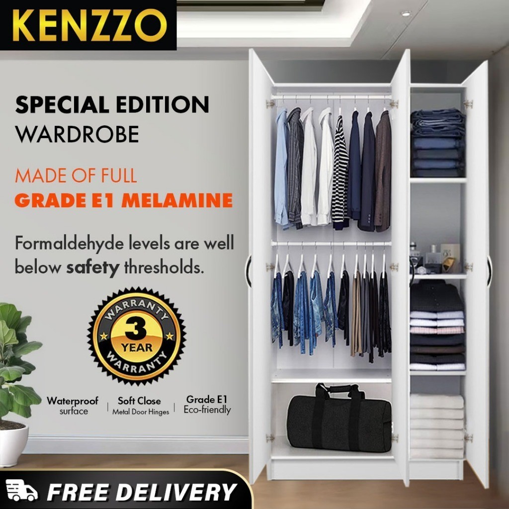 ⚡️LIKE BUG⚡️E1 Grade 3 Door wooden wardrobe with 2 hanging rod ...