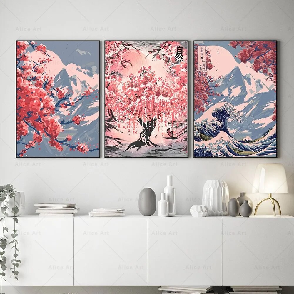 Penanda Landskap Jepun Sakura Gelombang Besar di Kanagawa Seni ...