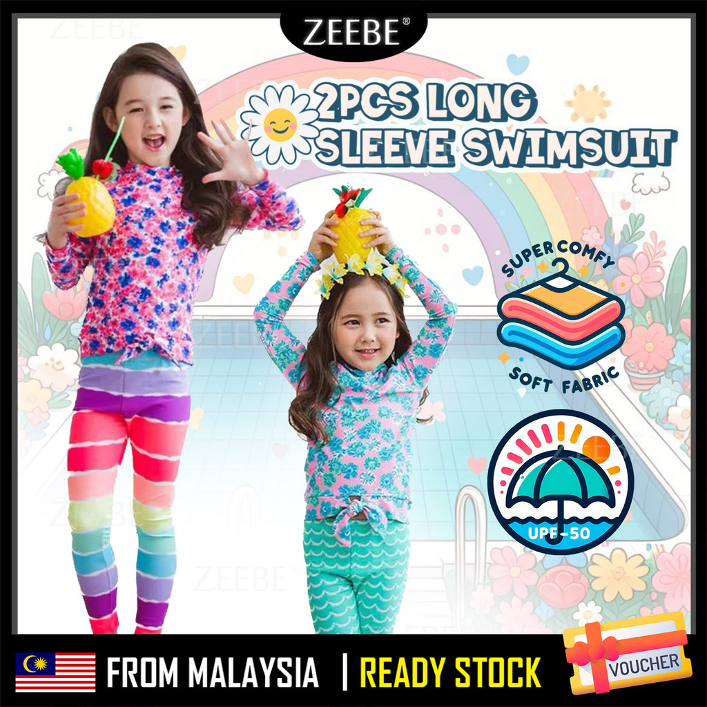 ZEEBE 2-16 Years Kids Swimwear Swimsuit Girl Long Sleeve Muslimah ...