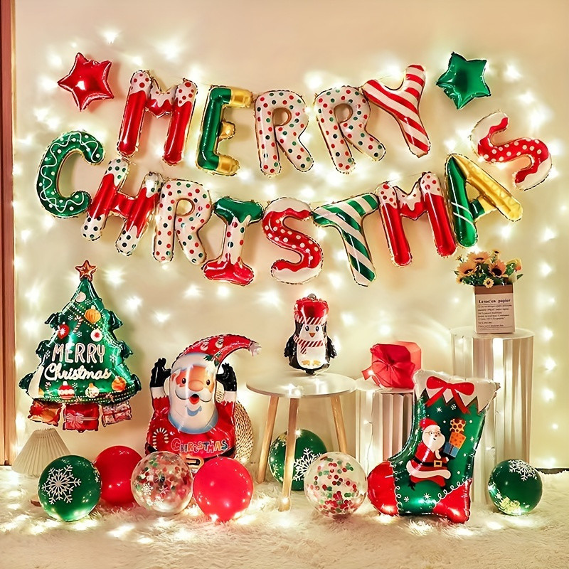 A set of 14 Merry Christmas balloons and banners, holiday aluminum foil ...