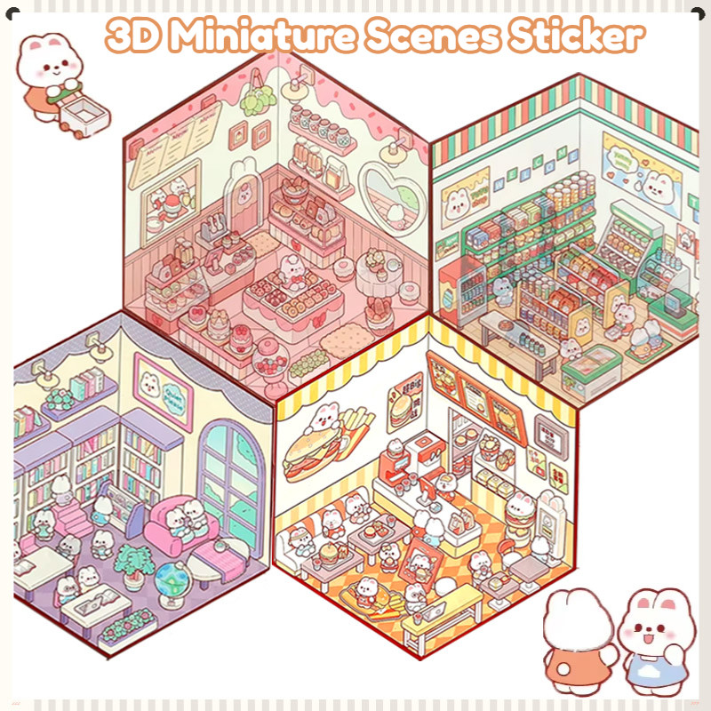 3D Miniature Scenes Sticker DIY Cute Cartoon Cabin Toy PET Staking ...