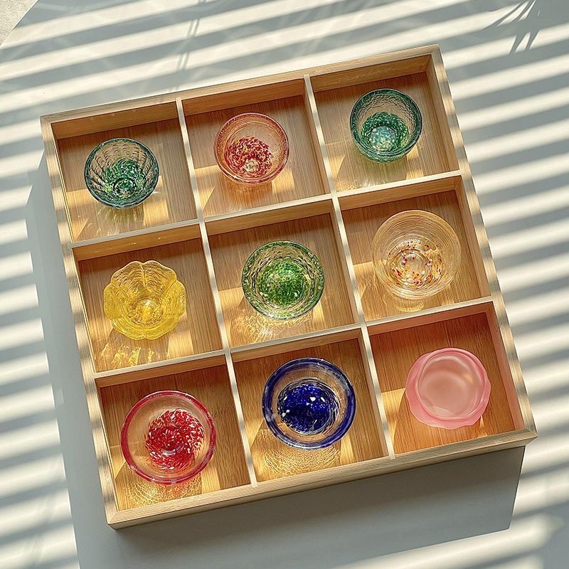 Colorful Glass sake glass set Nine-grid Japanese tea-tasting small tea ...
