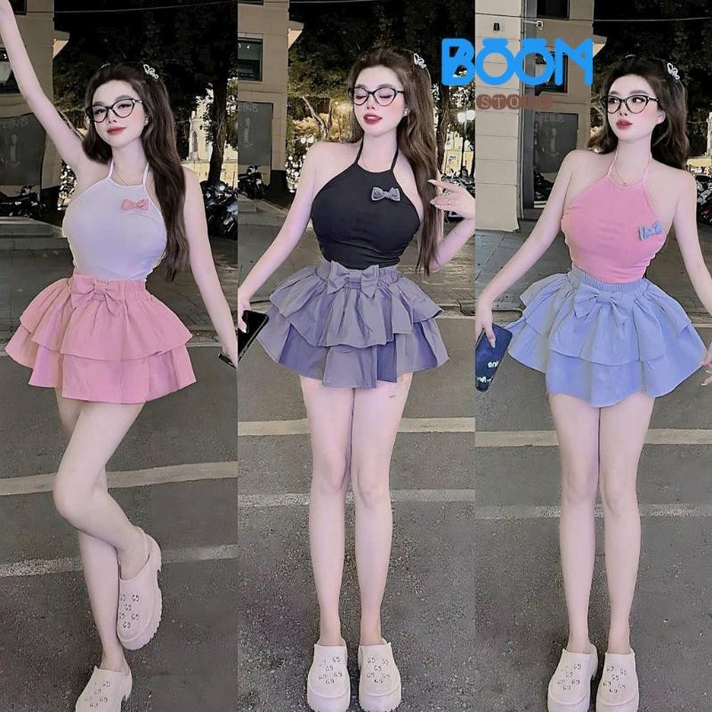 Summer Short Skirt Set Cute Elastic Camisole with Bow Tie and Multi ...