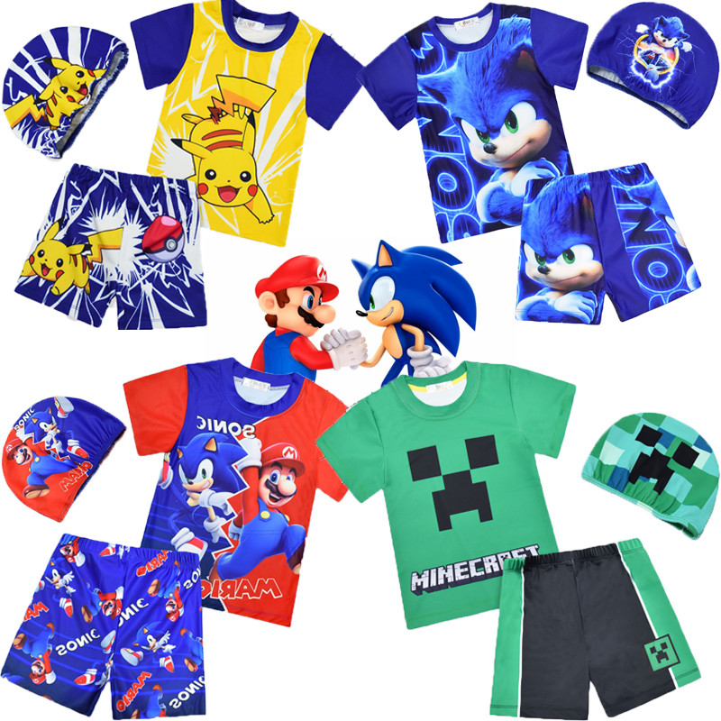 Anime Gaming Mine_craft Sonic Pikachu Super Mario Swimsuit for Kids Boy ...
