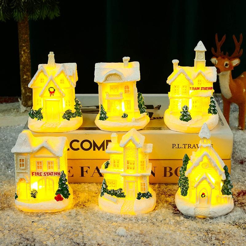 pu Resin Christmas Houses Lighted Xmas Village Houses Figurines Snow ...